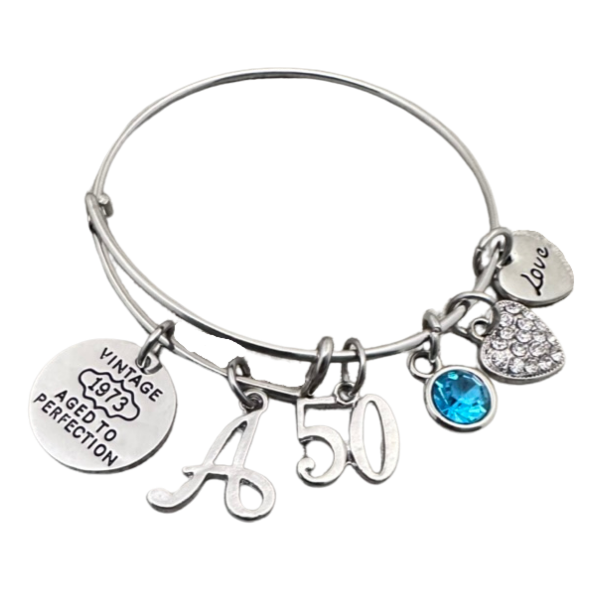 Personalized 50th Birthday Bangle Bracelet with Birthstone Charm ...