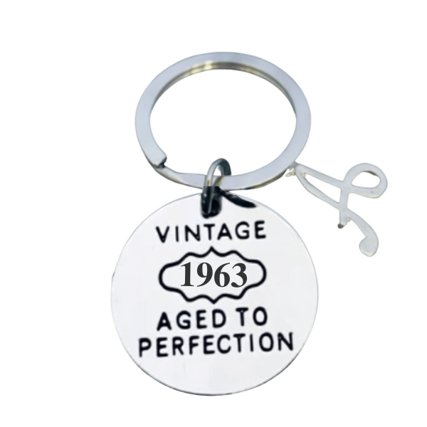 Personalized Vintage 1963 Aged to Perfection Keychain with Letter Charm ...
