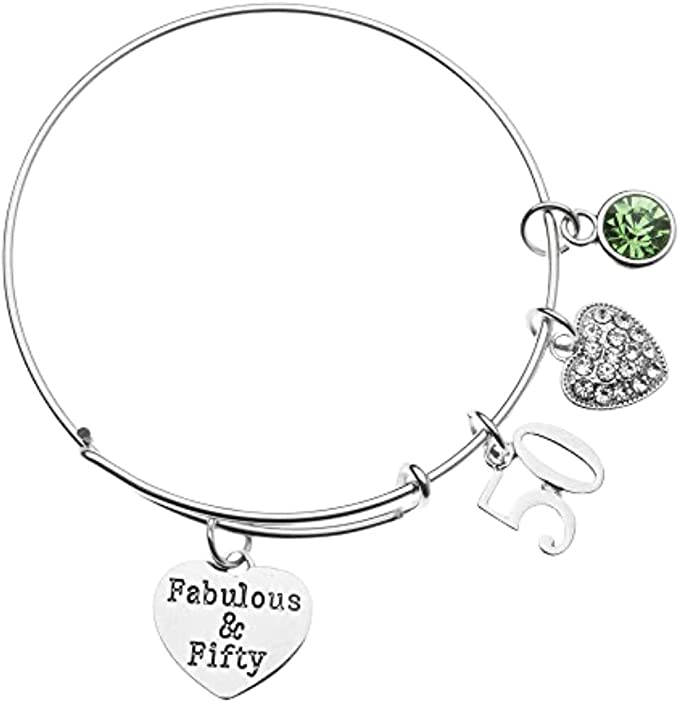 50th Birthday Bangle Bracelet with Birthstone Charm, Fabulous and Fifty ...